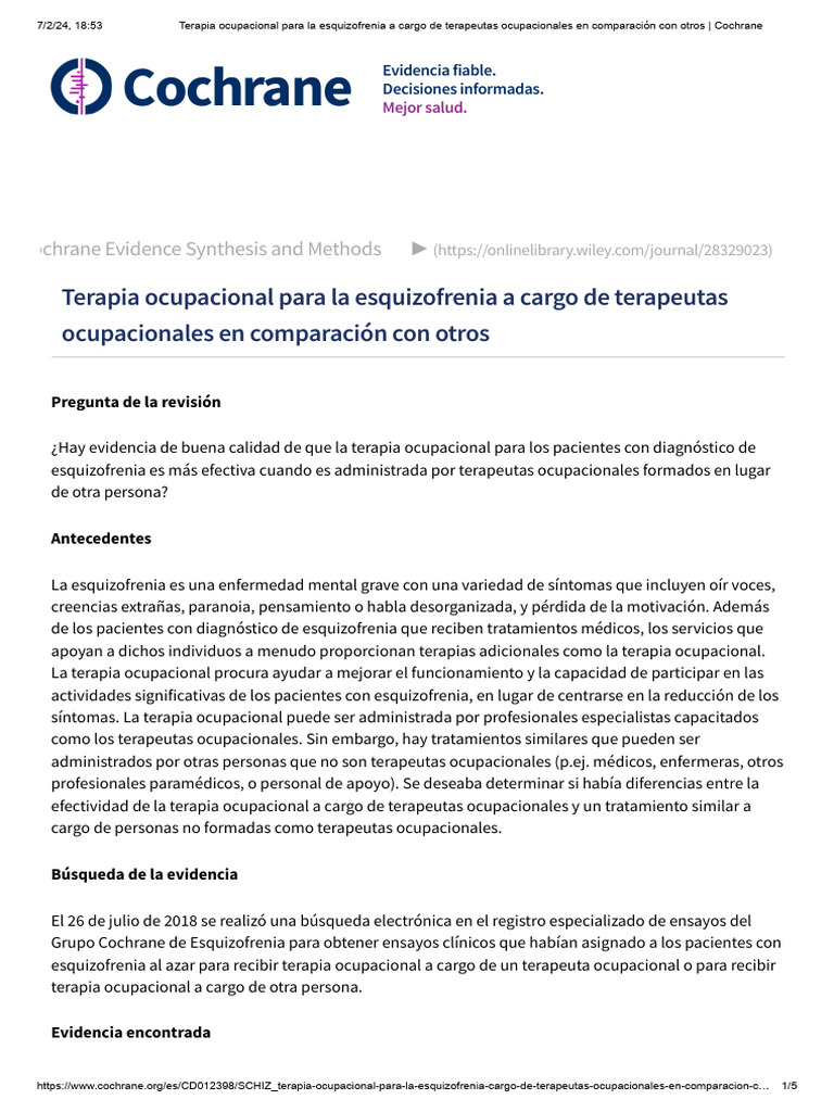 Terapia Ocupacional para La Esquizofrenia A Cargo de Terapeutas ...
