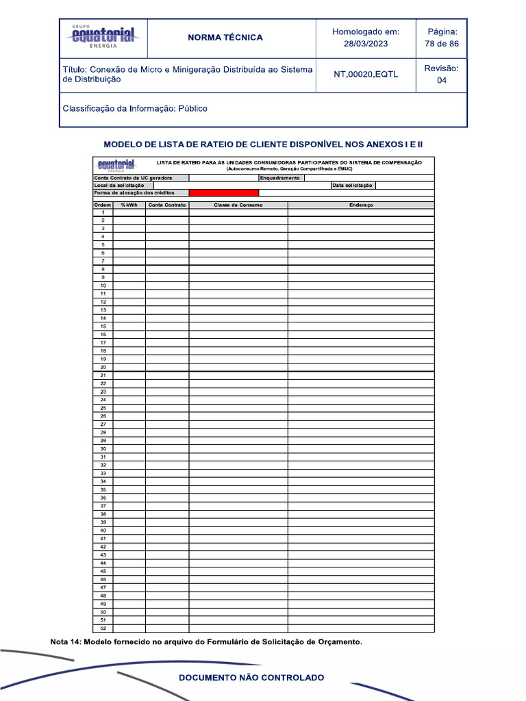 Lista de Rateio para As Unidades Consumidoras Participantes Do Sistema ...