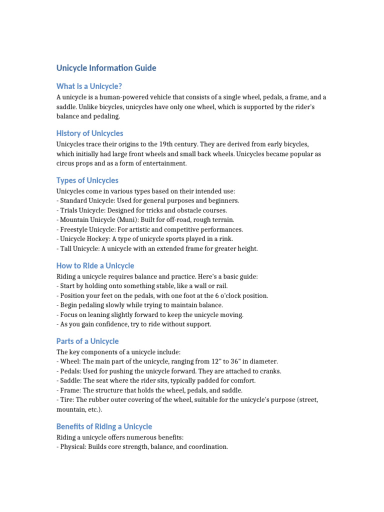 Unicycle Information Guide | PDF | Human Powered Transport