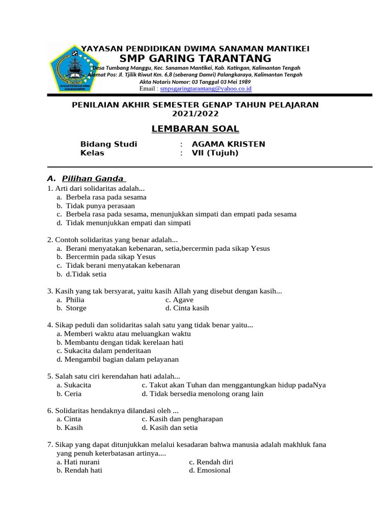 Soal Agama Kristen Smster 2 KLS 7 2023 | PDF | Karier & Perkembangan
