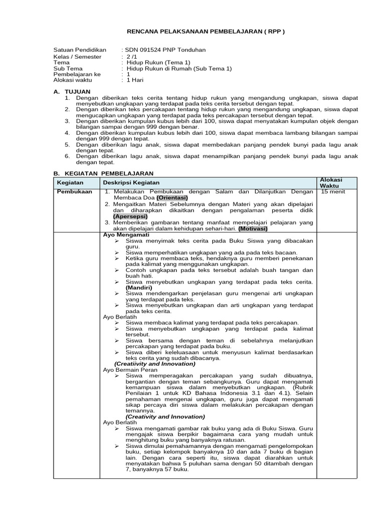 RPP 1l Rev2020 Kelas 2 Tema 1.1.1 | PDF | Karier & Perkembangan | Seni & Disiplin Bahasa