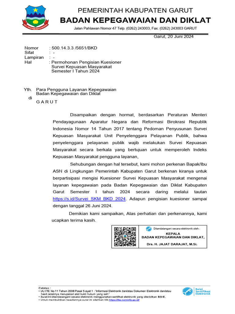 Surat Pengisian Kuesioner SKM BKD Semester I Tahun 2024 | PDF