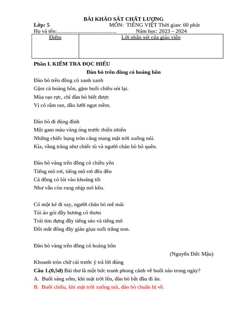 De Kiem Tra Cuoi Nam Mon TV | PDF