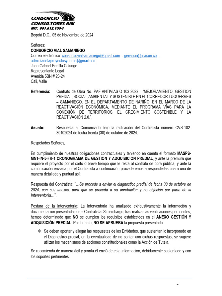 VTS - FINDETER - 2024 - 059 - Respuesta - OFICIO CVS-102-30102024 | PDF