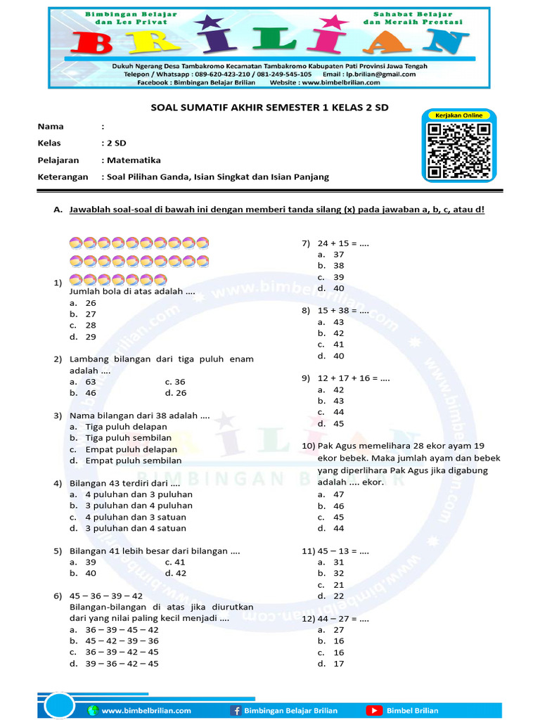 Soal SAS Matematika Kelas 2 SD Semester1 | PDF