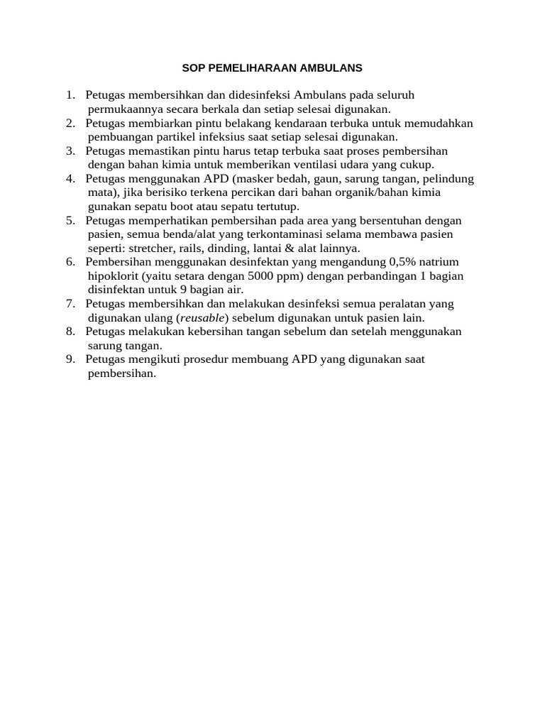 Sop Pemeliharaan Ambulans2 | PDF