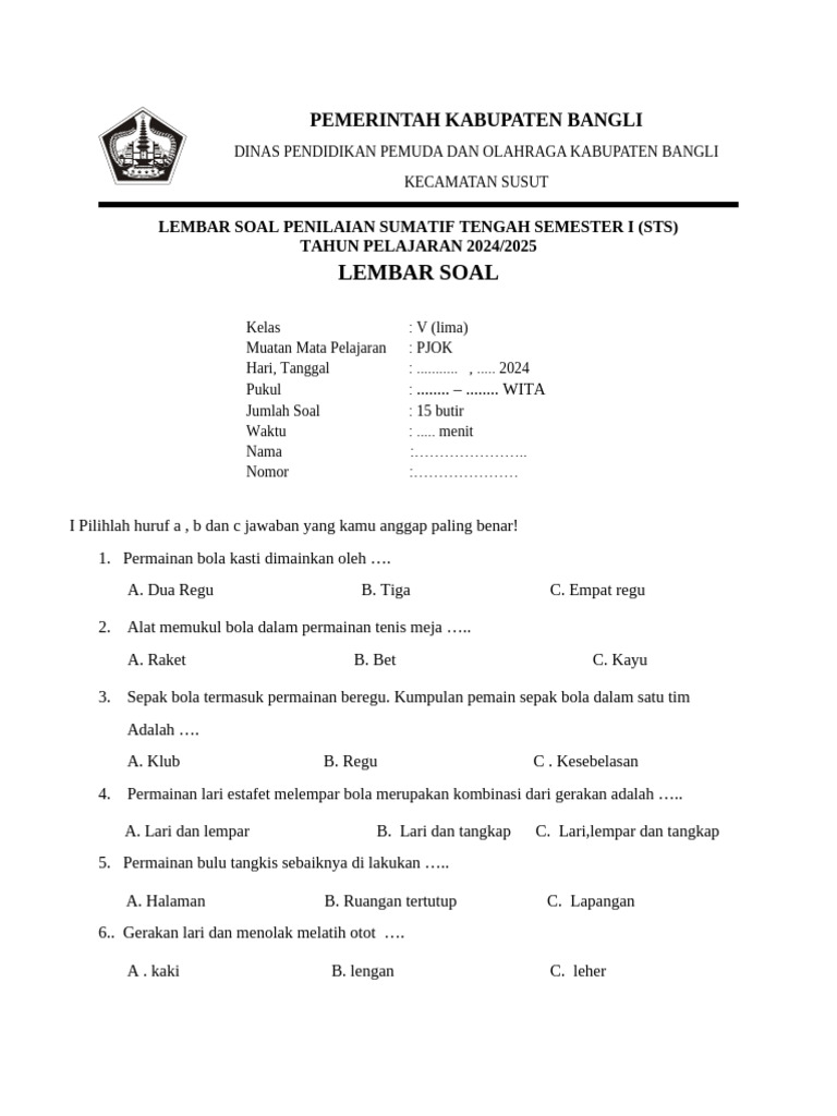 SOAL KLS 5 Pts SMTR 2 2024 PJOK | PDF