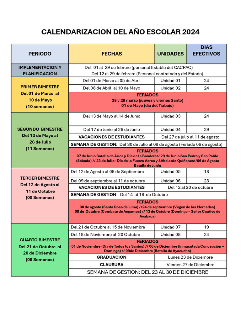 Calendarizacion Del Año Escolar 2024 | PDF
