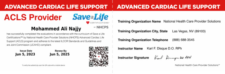 Acls Advanced Cardiac Life Support Certification Course Id Card | PDF