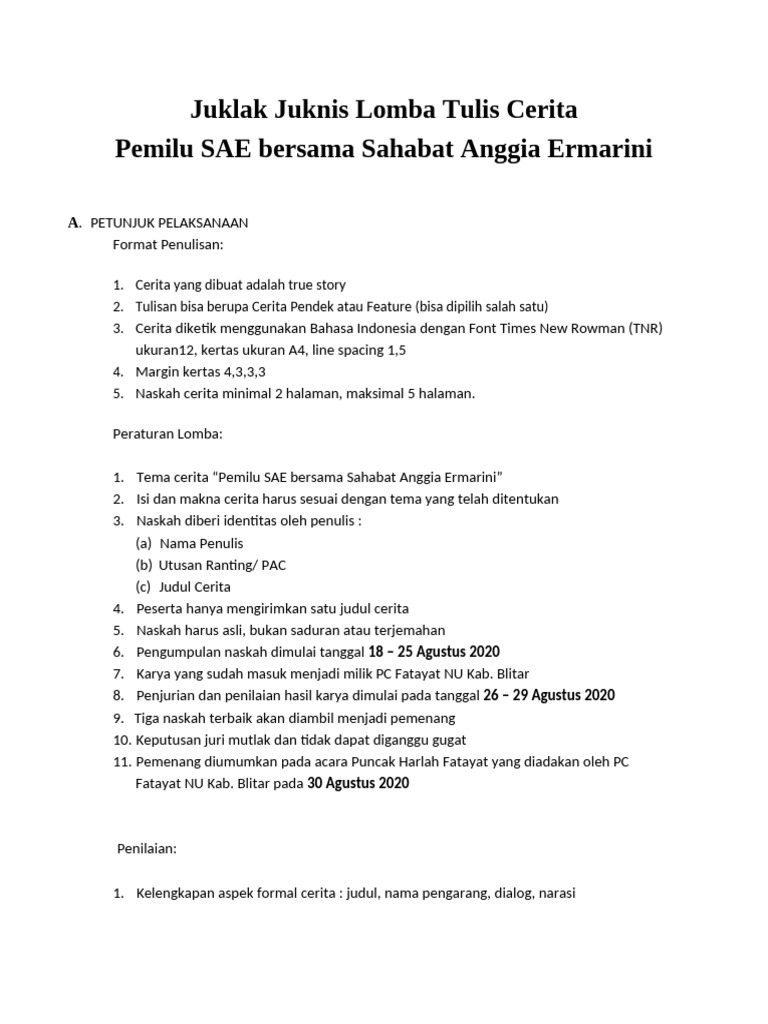 Bagi Juklak Juknis Lomba Tulis Cerita SAE | PDF | Kajian Bahasa Asing