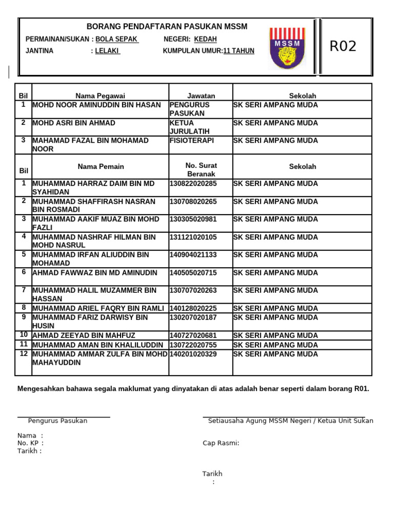 Borang Pendaftaran R02 Bola Sepak U11 2024 | PDF
