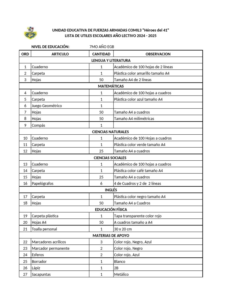 Lista de Útiles Séptimo 2024 | PDF | Color