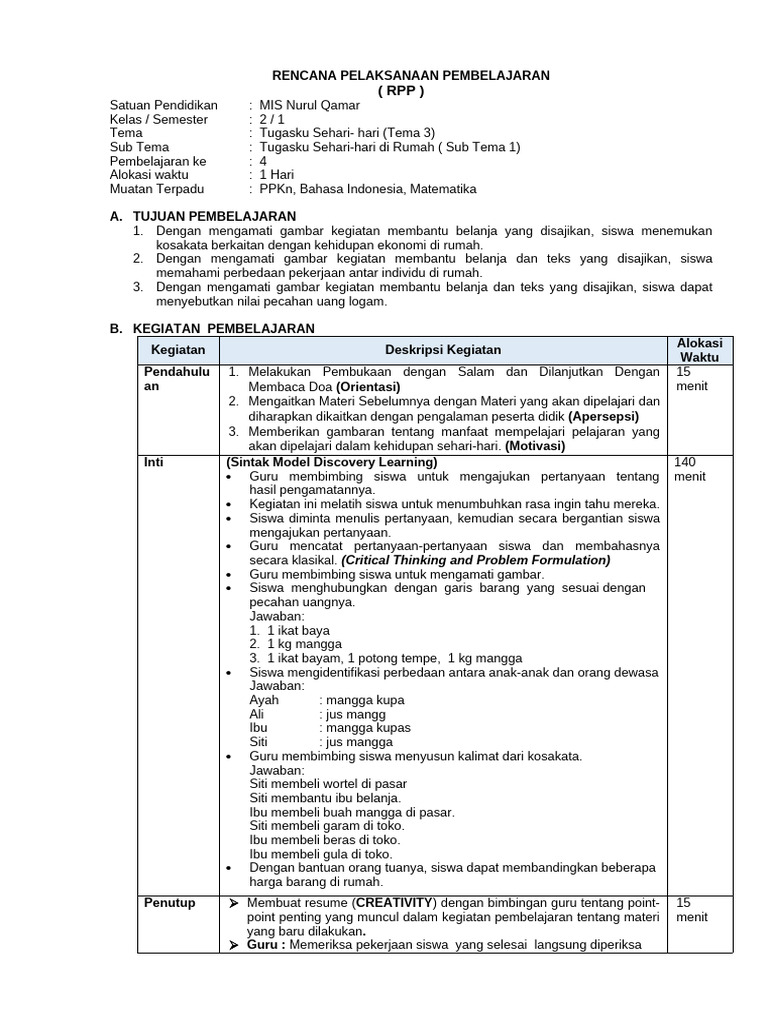 RPP Tema 3 Sub Tema 1 Pem 4 | PDF