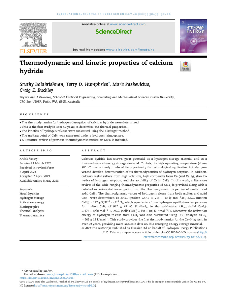 Thermodynamic and Kinetic Properties of Calcium Hydride | PDF | Phase ...