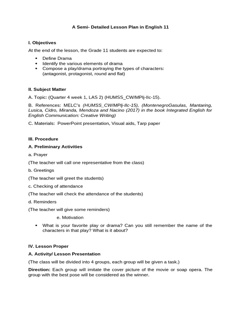 RONA, Edited - Semi - Detailed - Lesson - Plan | PDF | Play (Theatre) | Theatre