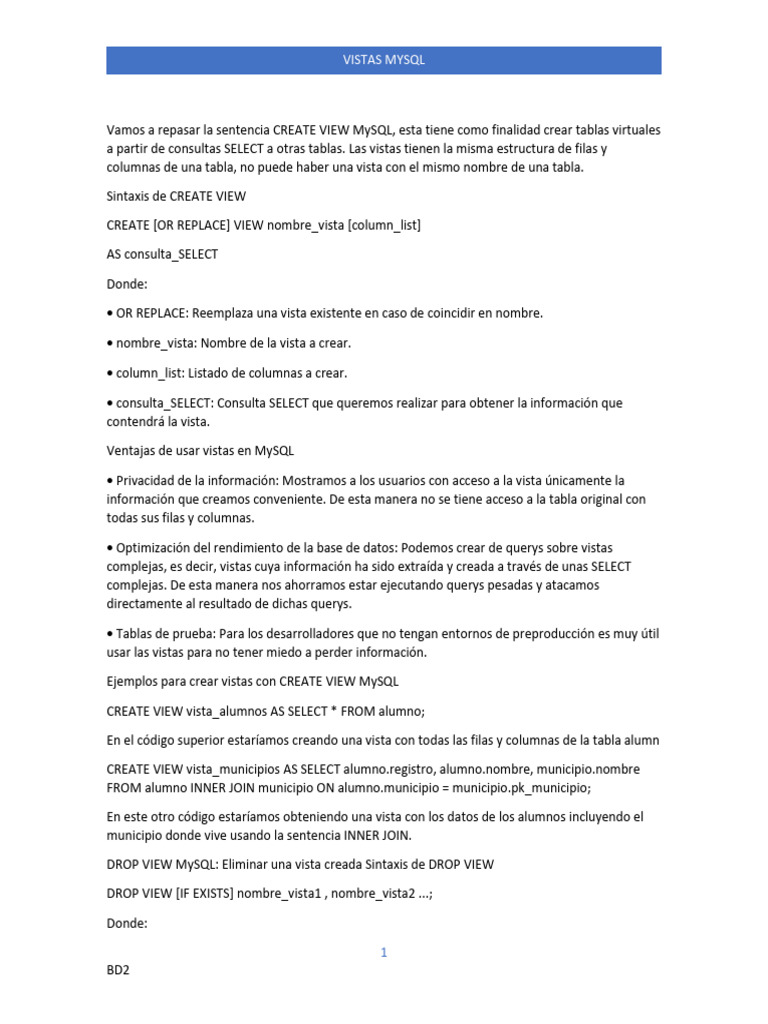 Teoria Vistas SQL | PDF | Mi sql | Bases de datos