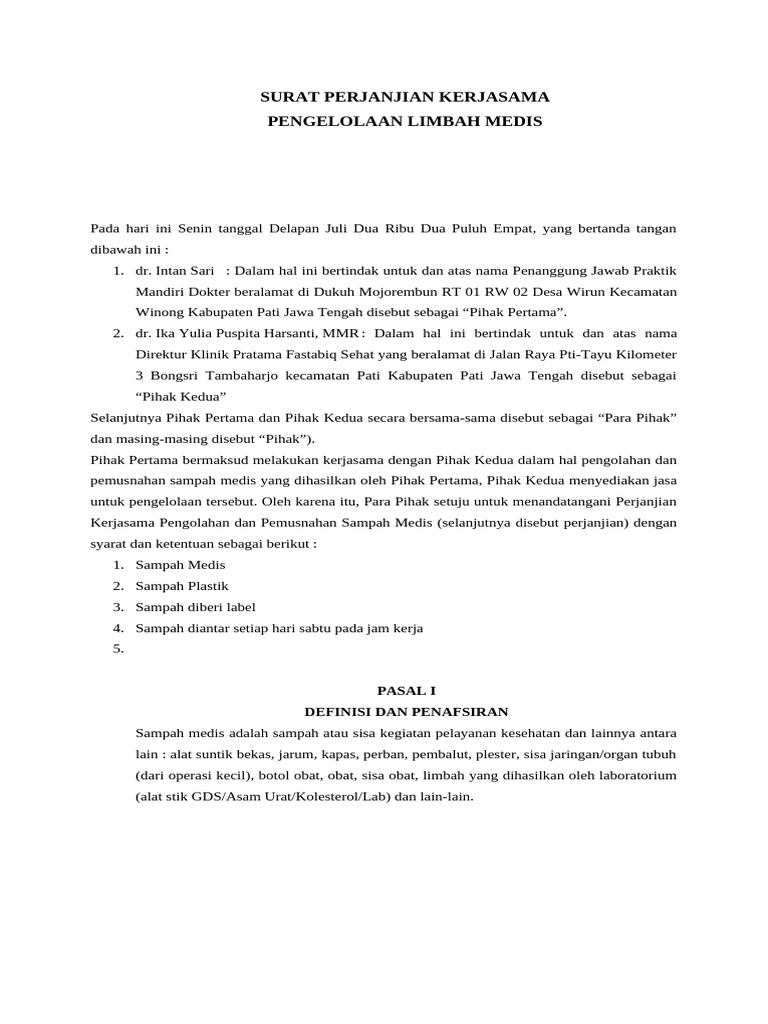 Surat Perjanjian Kerjasama Limbah Medis | PDF