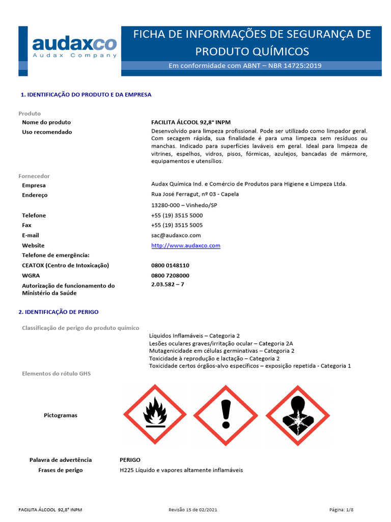 FISPQ FACILITA ALCOOL 928o - REV 15 | PDF | Incêndios