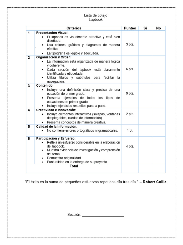 Lista de Cotejo para Evaluar Lapbook | PDF