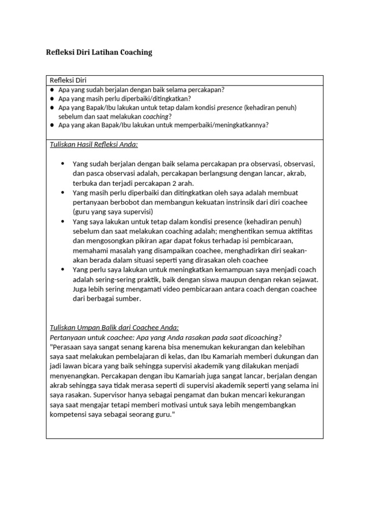 Lembar Refleksi Diri Coaching | PDF