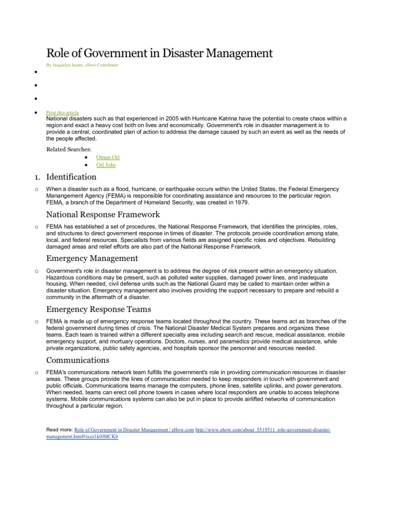 Disaster Management Role of Government | PDF | Emergency Management ...