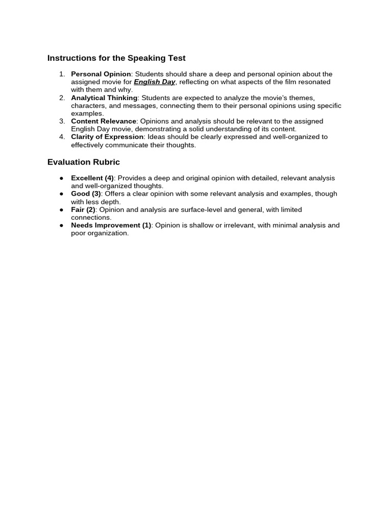 Speaking Test Guidelines for English Day | PDF