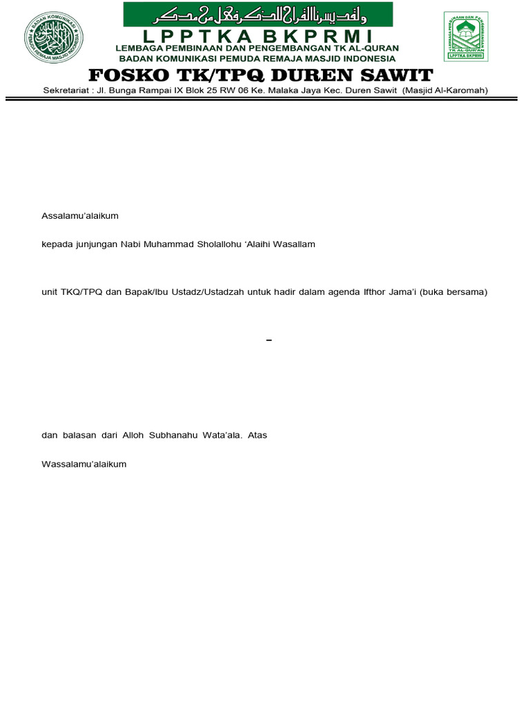 Undangan Ifthor Jama’i Guru TK/TPA Duren Sawit | PDF