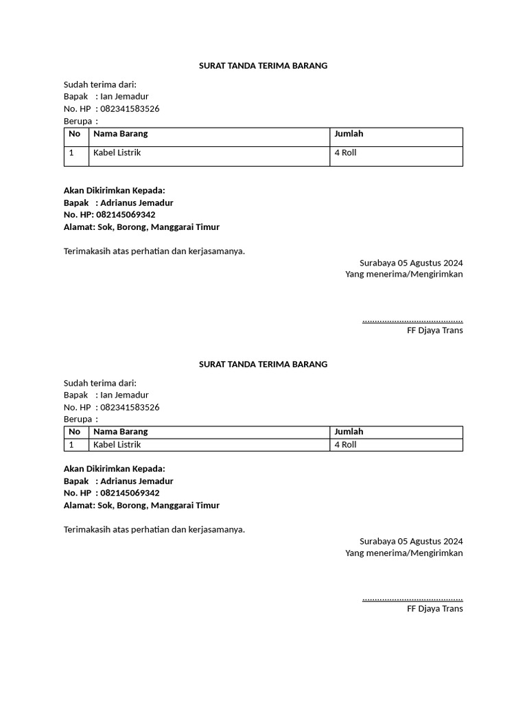 Surat Tanda Terima Barang | PDF