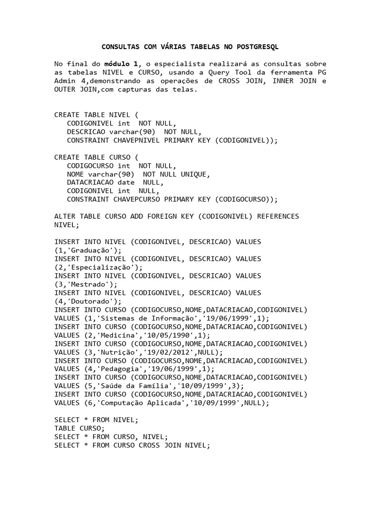 PDF Consultas Com Varias Tabelas No Postgresql | PDF | SQL | Bancos de dados