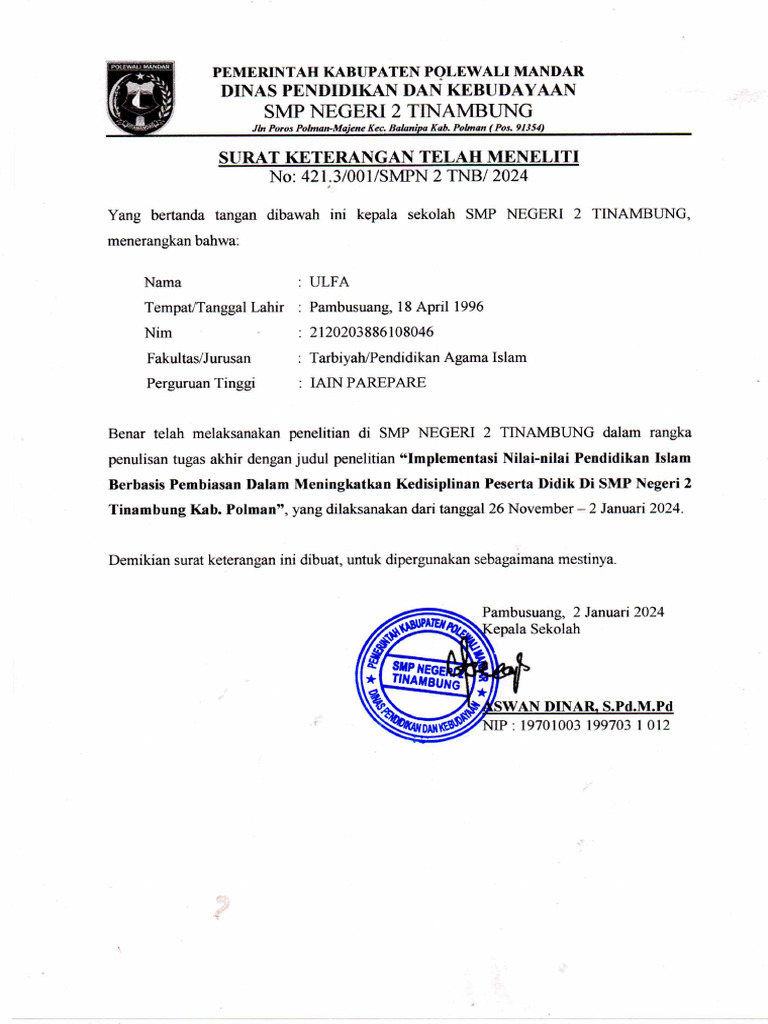 Keterangan Selesai Meneliti | PDF
