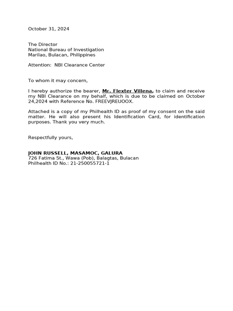 Authorization Letter Nbi Russell | PDF