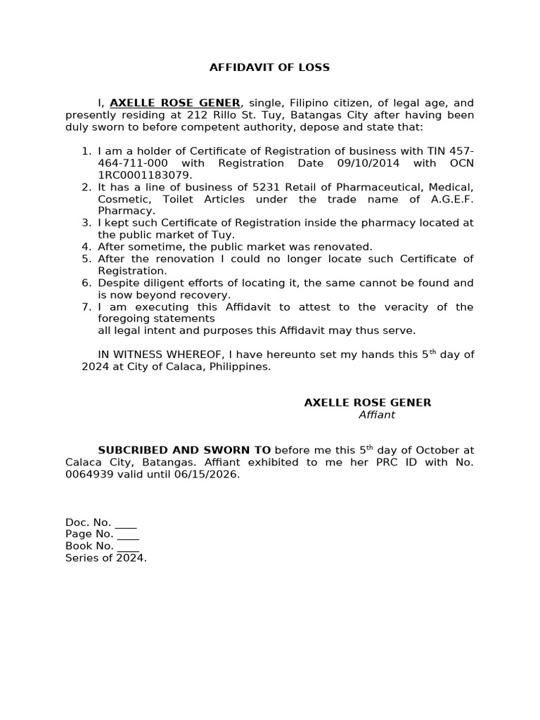 Affidavit of Loss for Business Registration | PDF | Business | Social ...