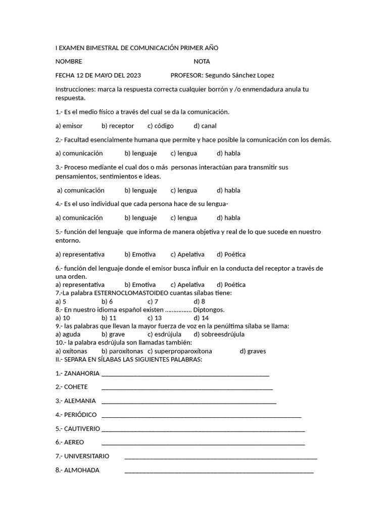 I Examen Bimestral | PDF | Comunicación | Sílaba