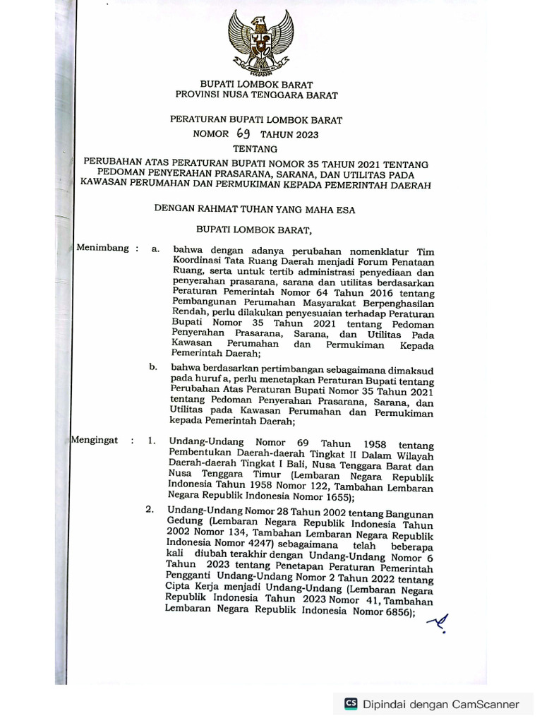 Perbub Nomor 69 Tahun 2023 Perubahan Perbup 35 2021 | PDF