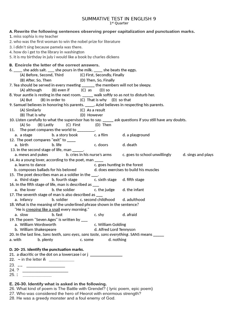 Summative Test in English 9 | PDF | Language Arts & Discipline | Poetry