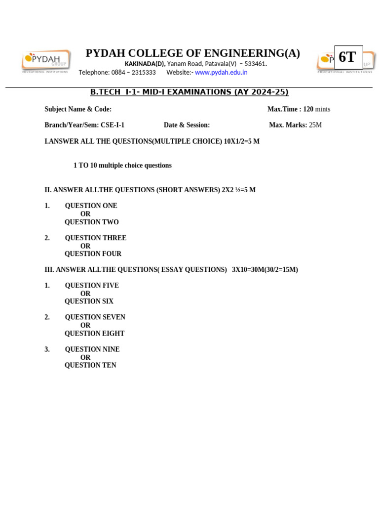 B.tech - Mid Exams Template-01112024 | PDF