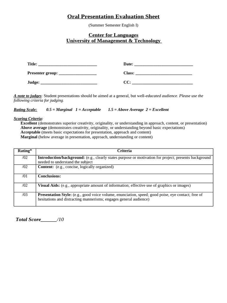 Oral Presentation Evaluation Sheet | PDF