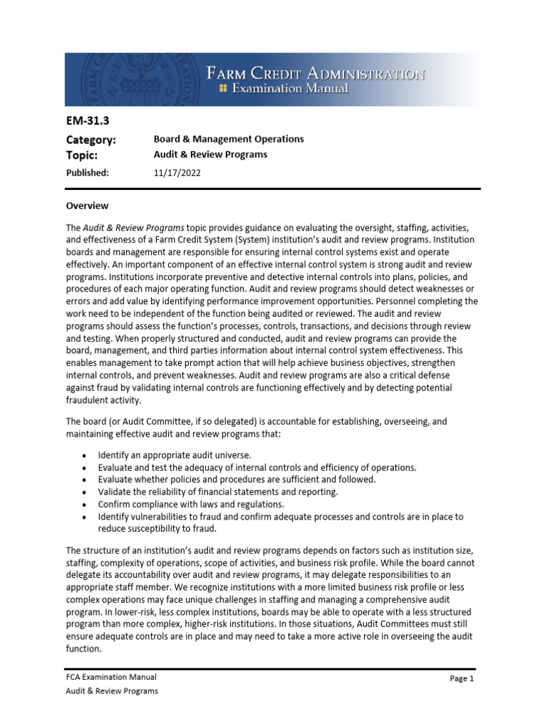 EM-31.3 Category: Topic:: Board & Management Operations Audit & Review ...