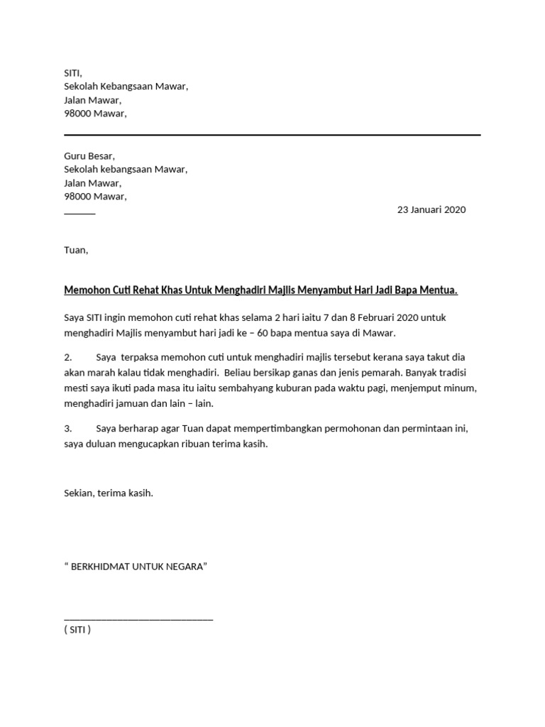 Surat Memohon Cuti Rehat | PDF
