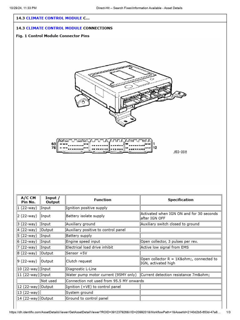 Pin-OutConnector CLIMATE CONTROL MODULE JAGUAR 1996 | PDF | Sensor ...