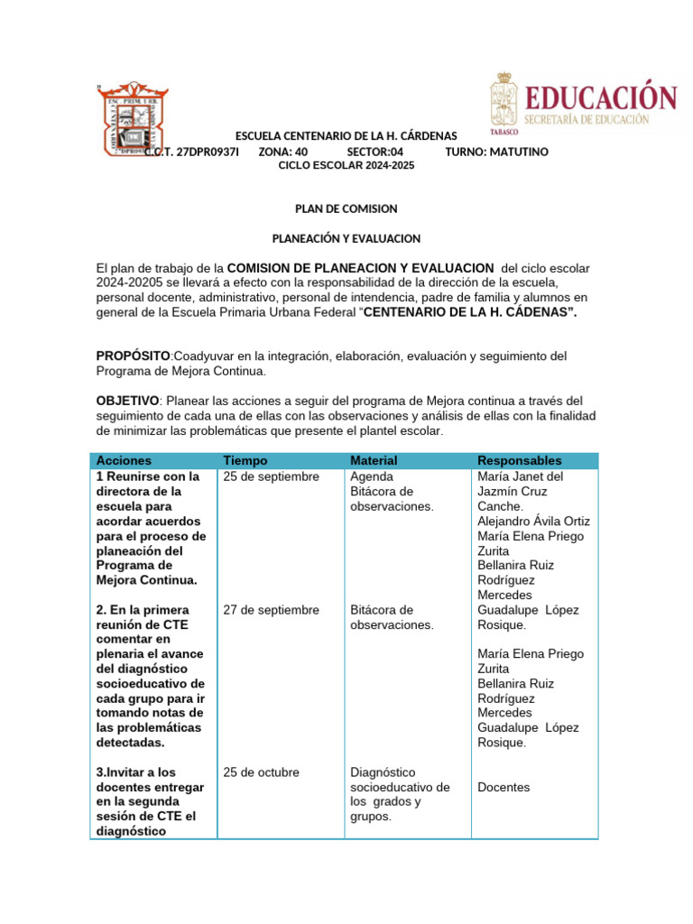 Plan de Comision de Planeacion y Evaluacion Tabla | PDF