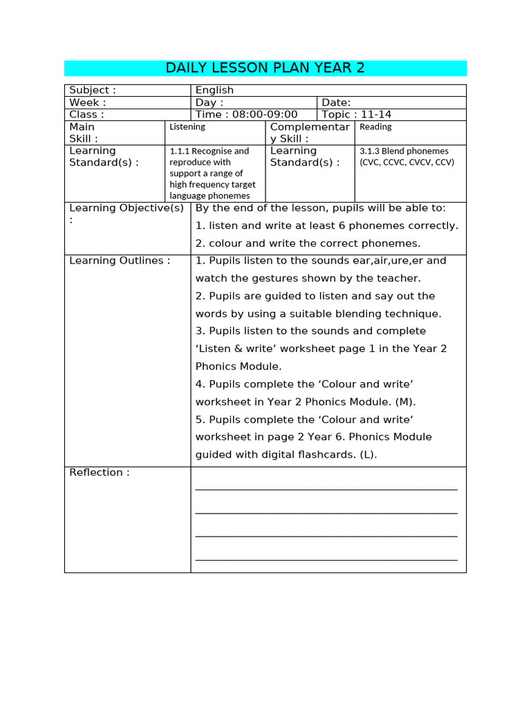 Daily Lesson Plan Year 2 | PDF | Phonics | Psycholinguistics