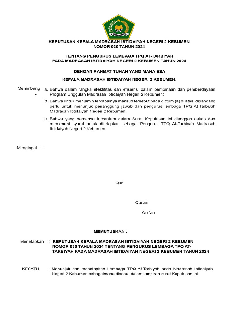 Pengurus TPQ At-Tarbiyah 2024 Kebumen | PDF