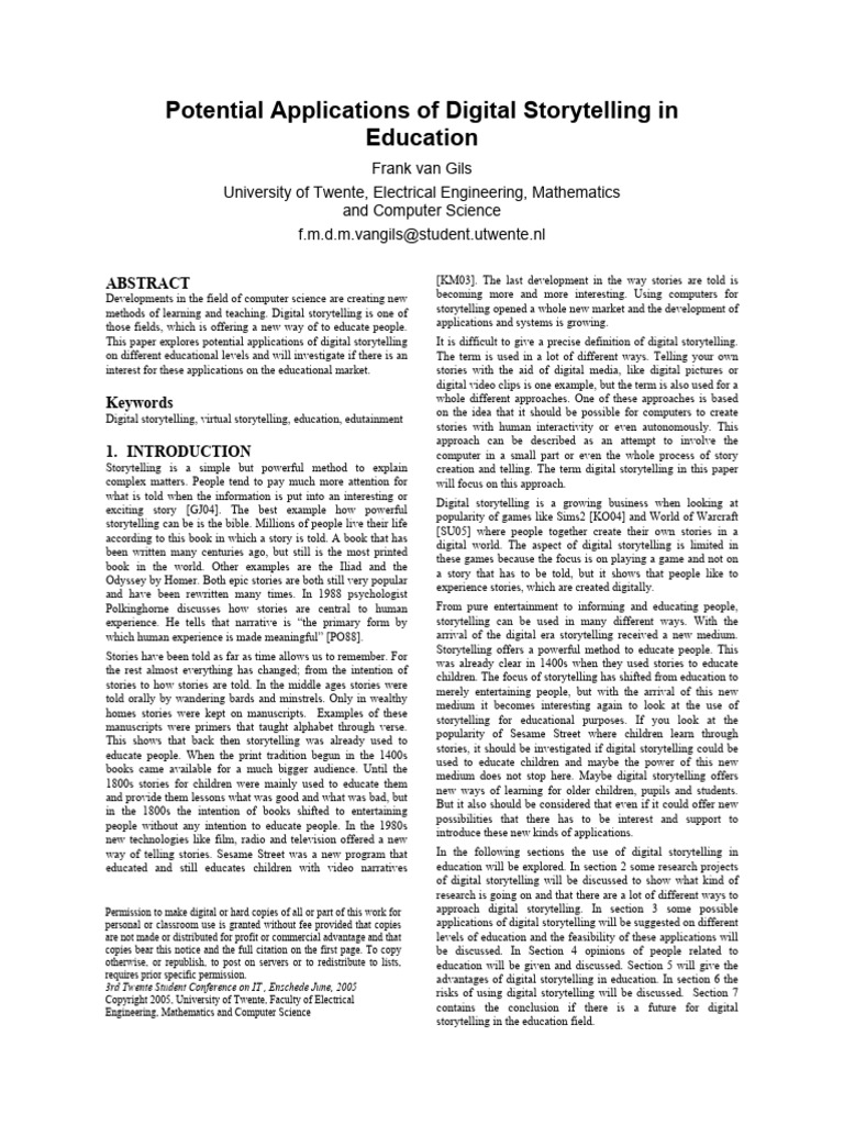 Potential Applications of Digital Storytelling in Education | PDF ...