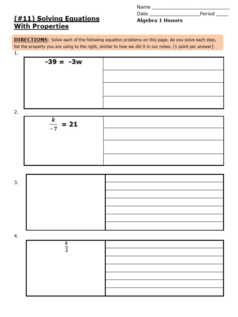 HWK - 11 - Unit 2A - Alg1Hon - Solving Equations With Properties (2024 ...