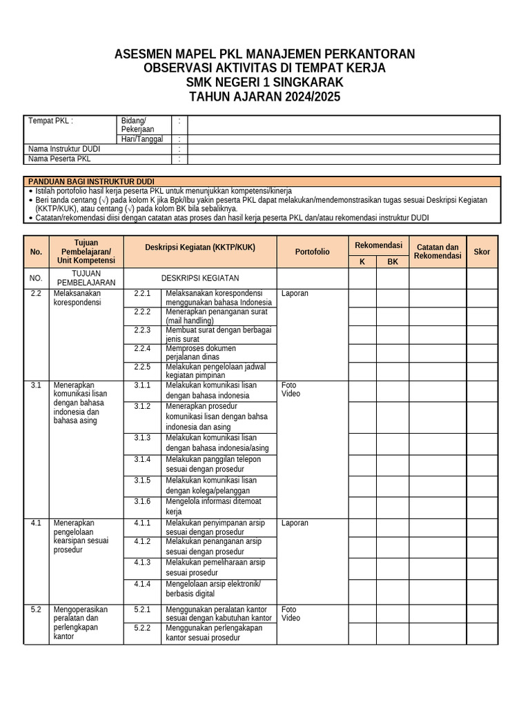 FORMAT ASESMEN PKL - Manajemen Perkantoran | PDF