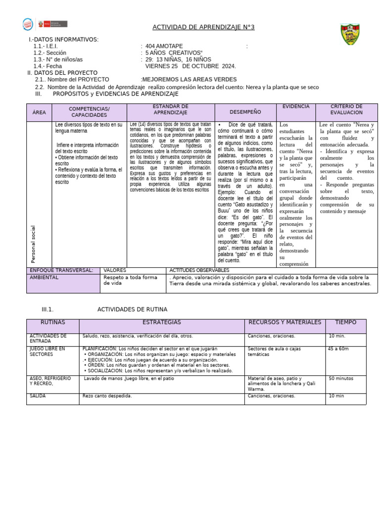 Plan Lecor Nerea El Arbol Seco | PDF | Evaluación | Aprendizaje