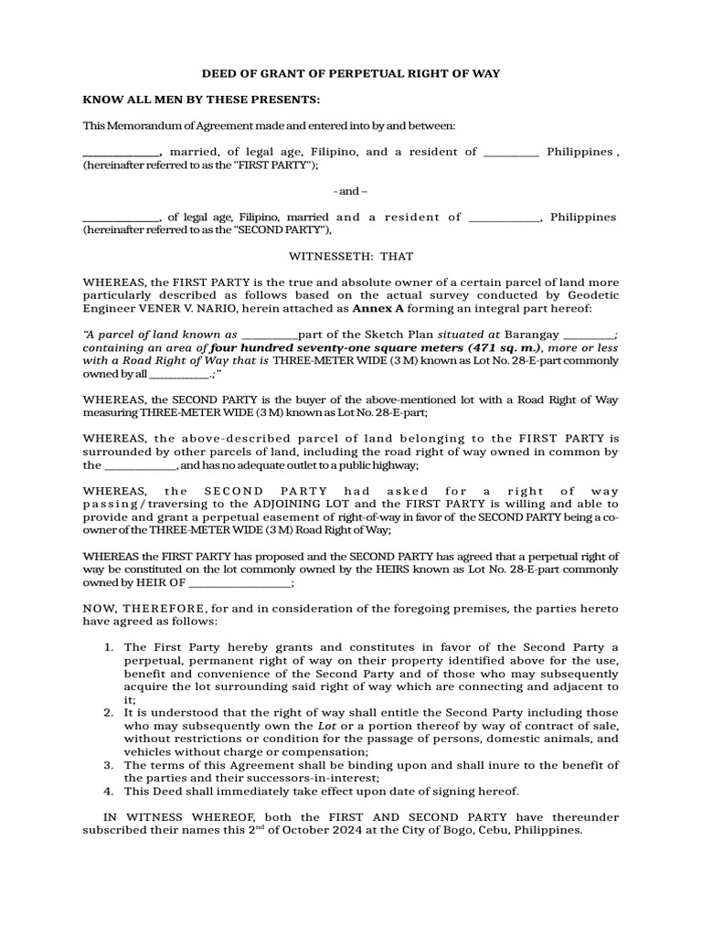 Deed of Grant for Perpetual Right of Way | PDF | Civil Law (Legal ...
