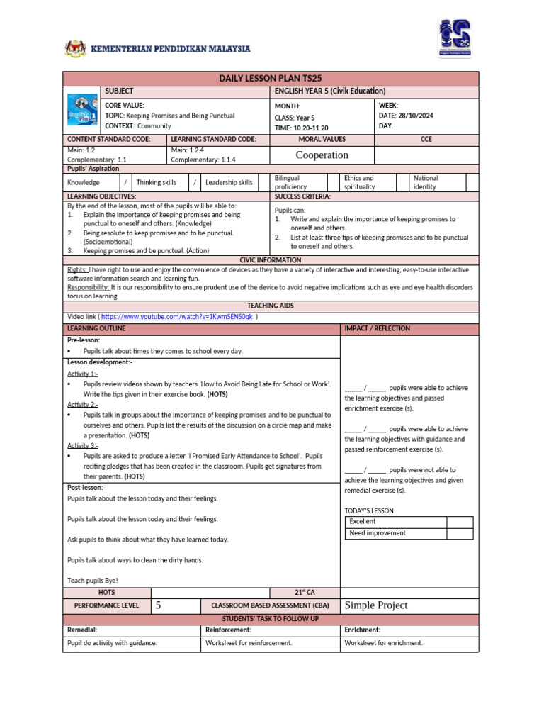 BI Y5 LP TS25 - Civic Education | PDF | Lesson Plan | Learning