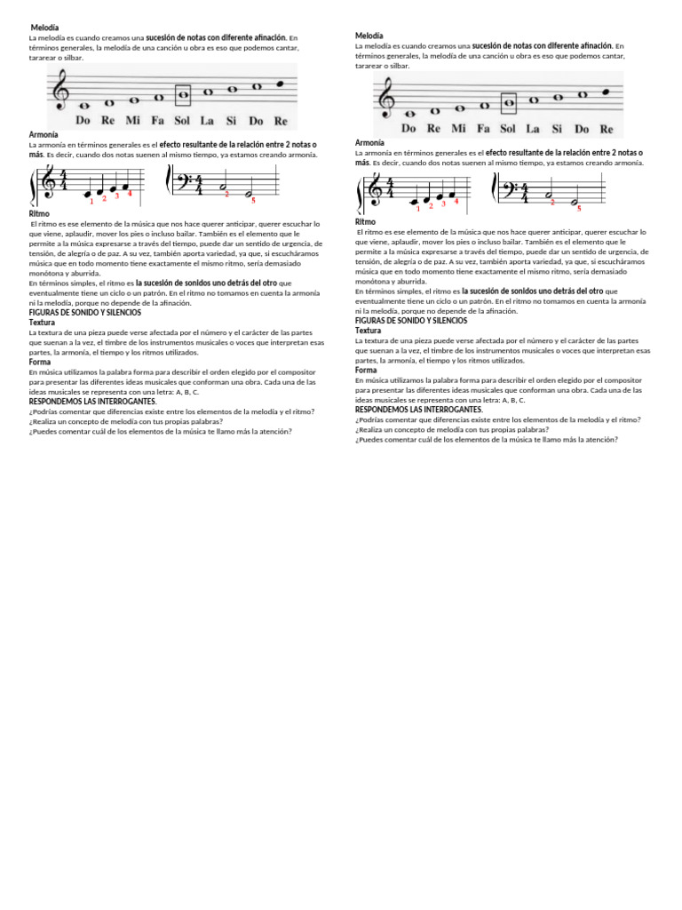 Ficha de Elementos de La Musica | PDF | Melodía | Ritmo